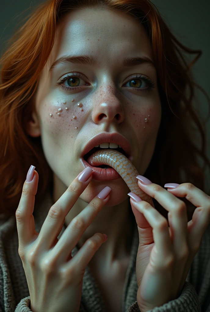 Face expression is lovely, auburn hair and brown eyes . hands with long ...