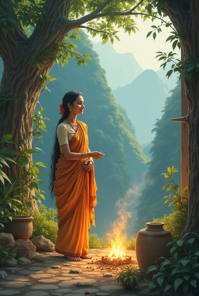 "A devoted woman, Anusuya, performing her household duties in a simple ...