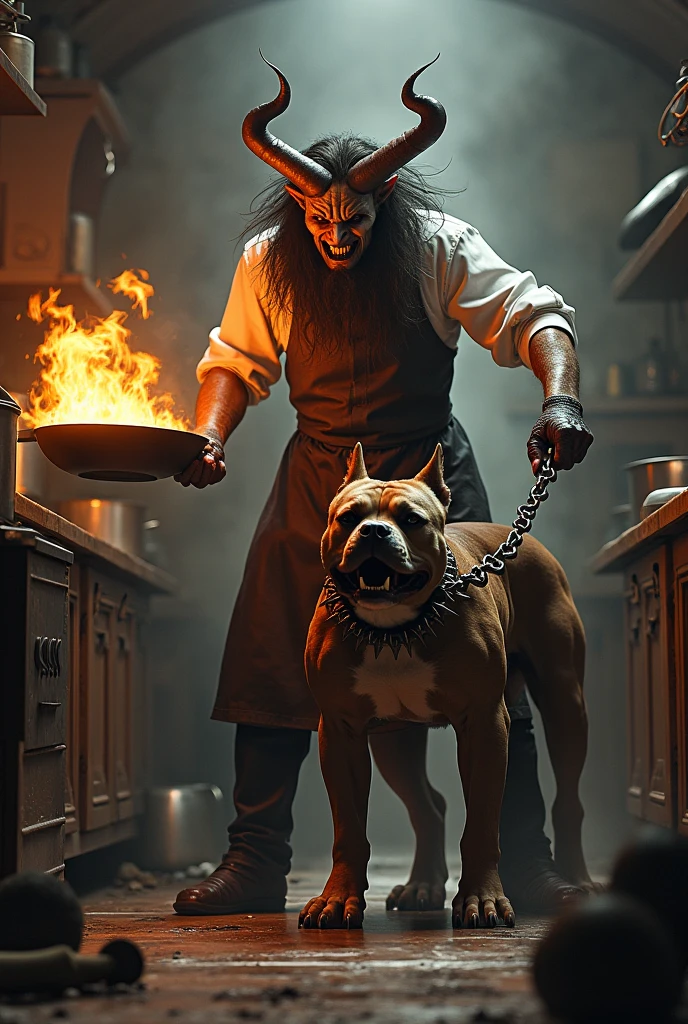 A scary devil chef with long hair holding in one hand a pan in flames ...