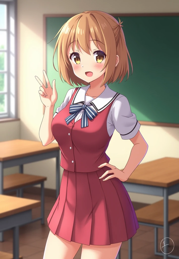 anime girl is posing in a classroom wearing a uniform, beautiful anime ...