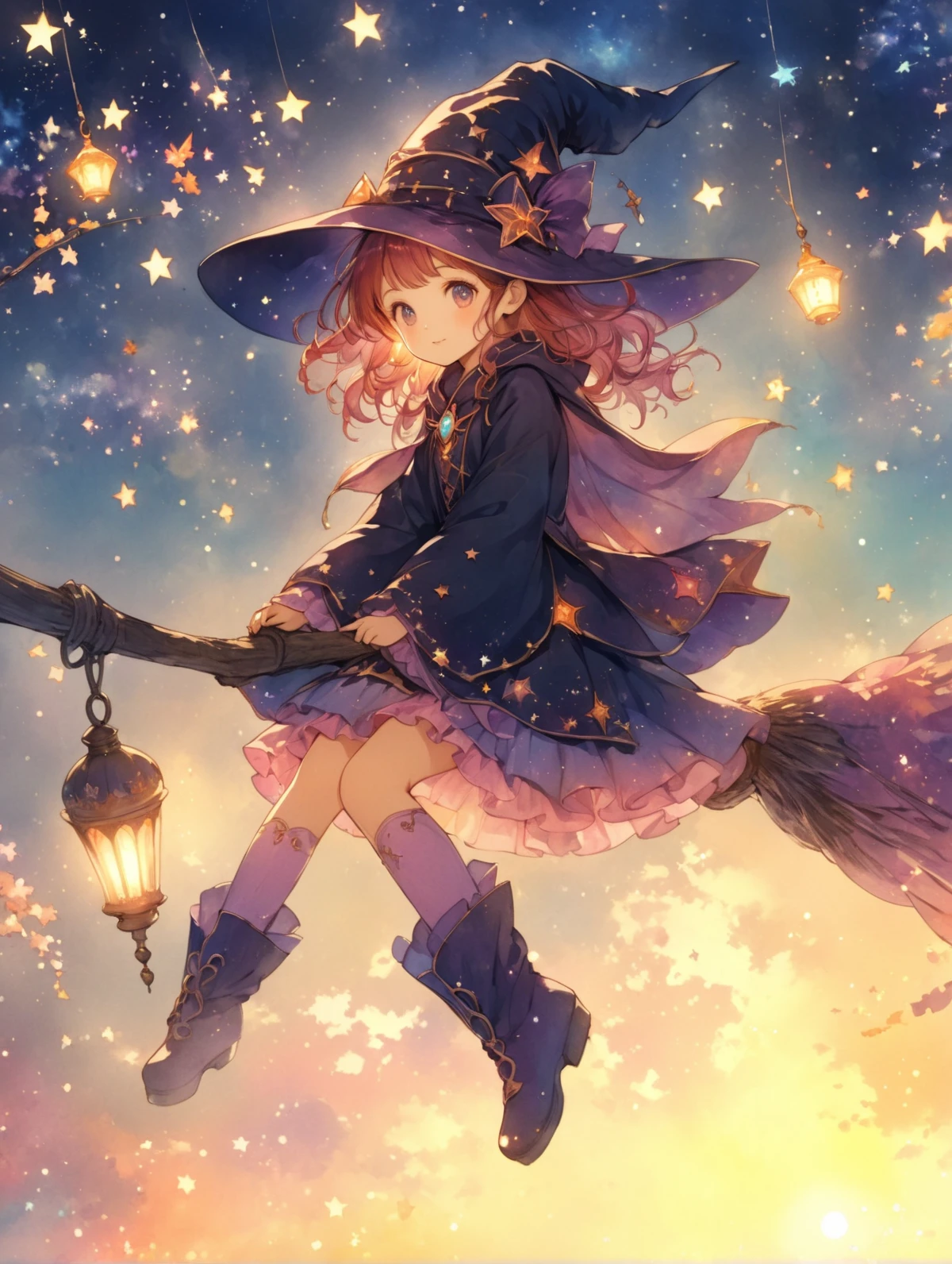 A witch who flies on a broom with a lantern in the sky, Beautiful ...