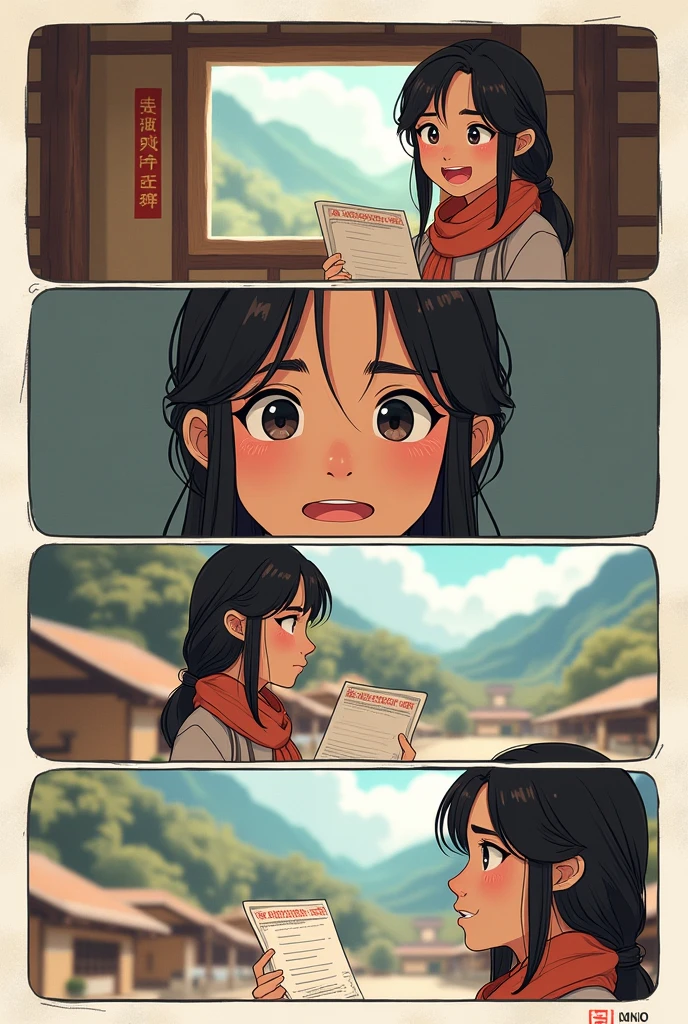Design a comic picture ： in a mountain village （Xiao Ting） holding a ...
