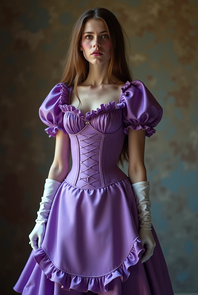 Young european bimbo woman is dressed in a tight and frilly and elegant ...