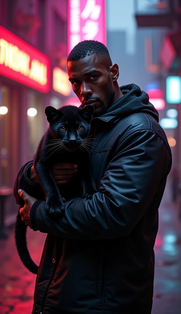 "A tall man holding a small black panther cub in a neon-lit alleyway ...