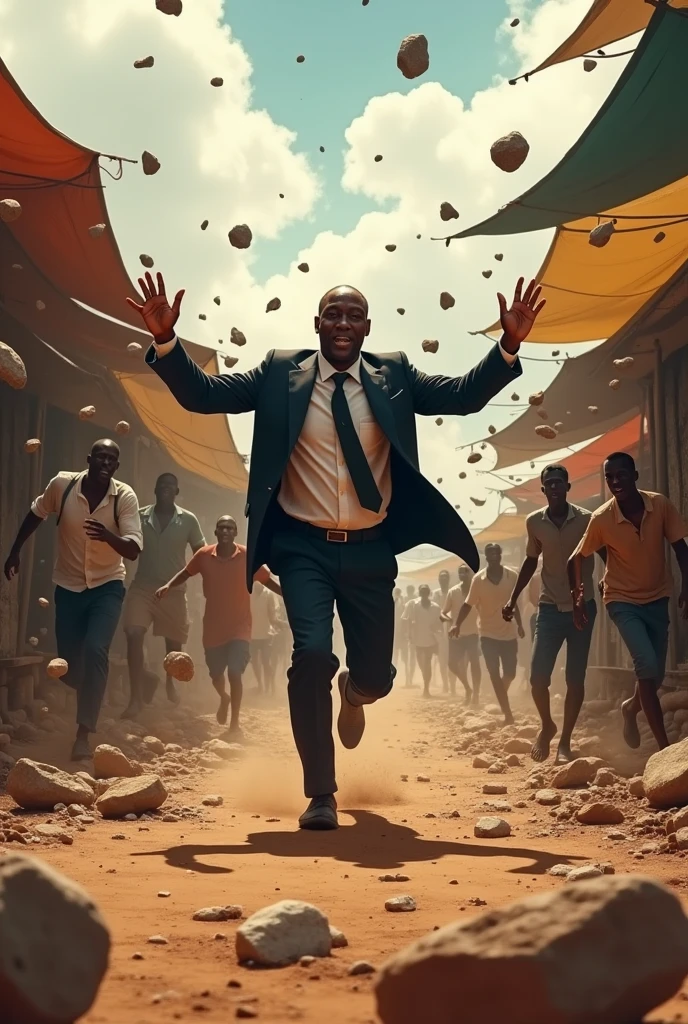 Minister running away from a mob stoning him at ndirande market - SeaArt AI
