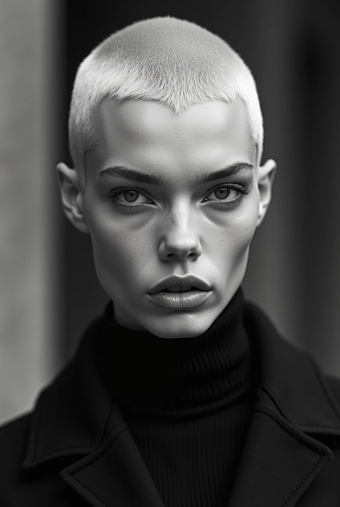 High-fashion portrait of an androgynous supermodel with buzz cut white ...