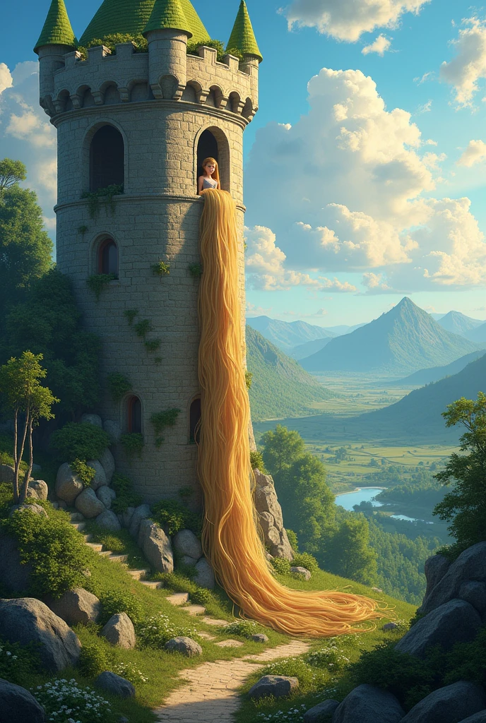 Create an image for the Rapunzel story using the text below Once upon a ...