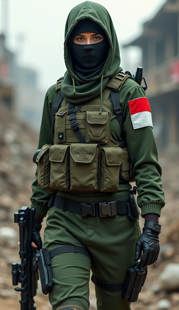Create a female soldier wearing a hijab with a hood and a mask in a ...