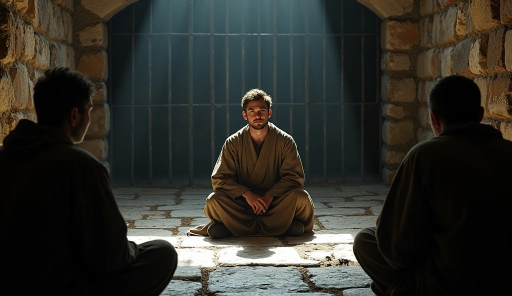 A dimly lit, ancient prison cell with stone walls and iron bars - SeaArt AI