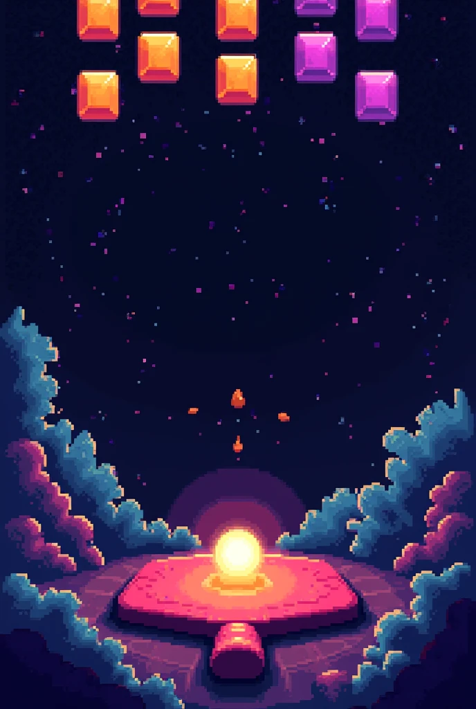 A retro pixelated scene inspired by Arkanoid, featuring colorful blocks ...