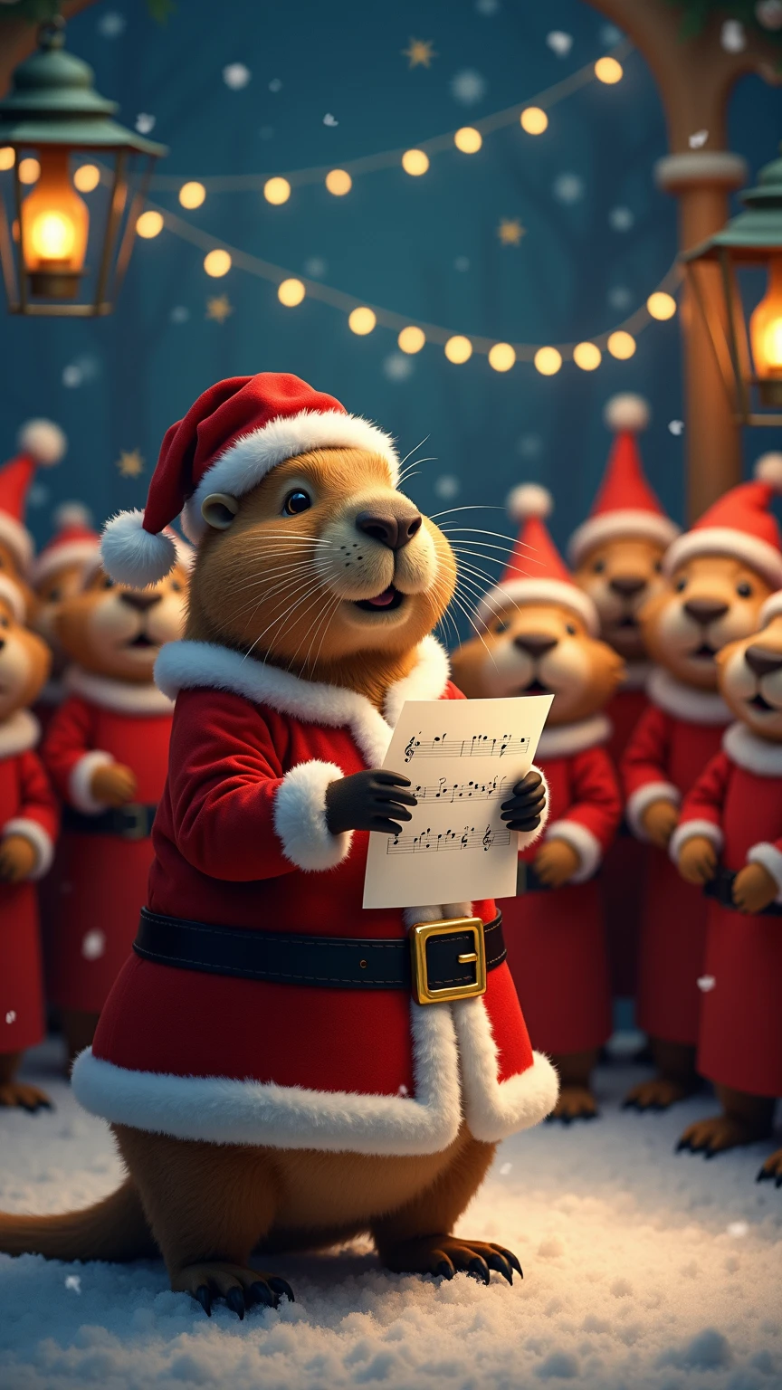 A capybara dressed as Santa Claus standing in front of a group of ...