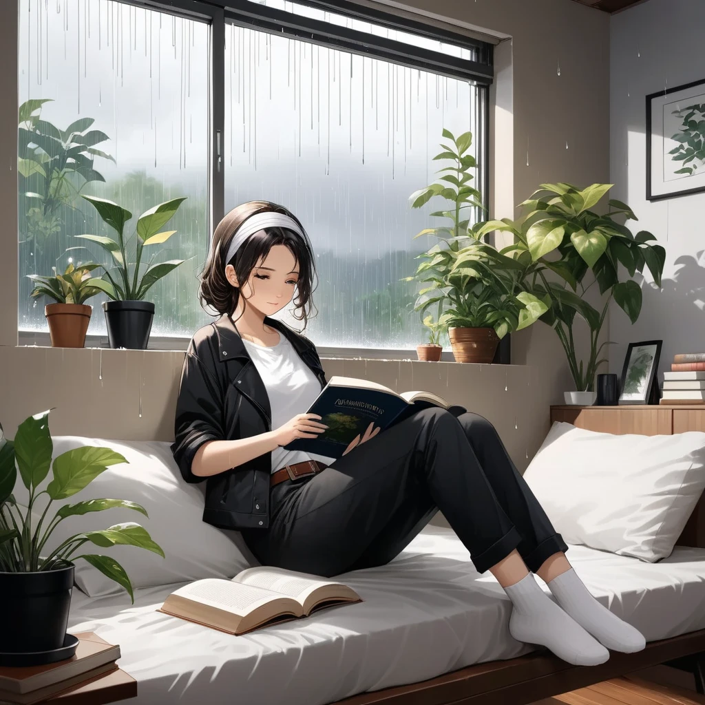 Anime girl sitting on a bed reading a book in a room, Rainy Afternoon ...