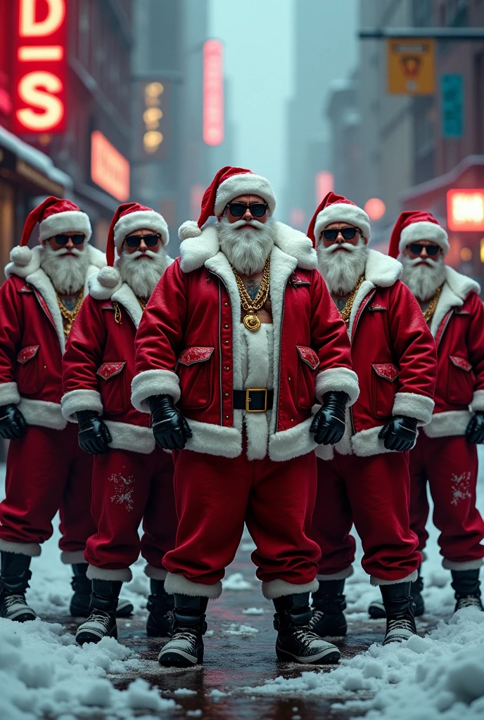 Seven muscular Santa Clauses standing together, dressed as gangsters ...