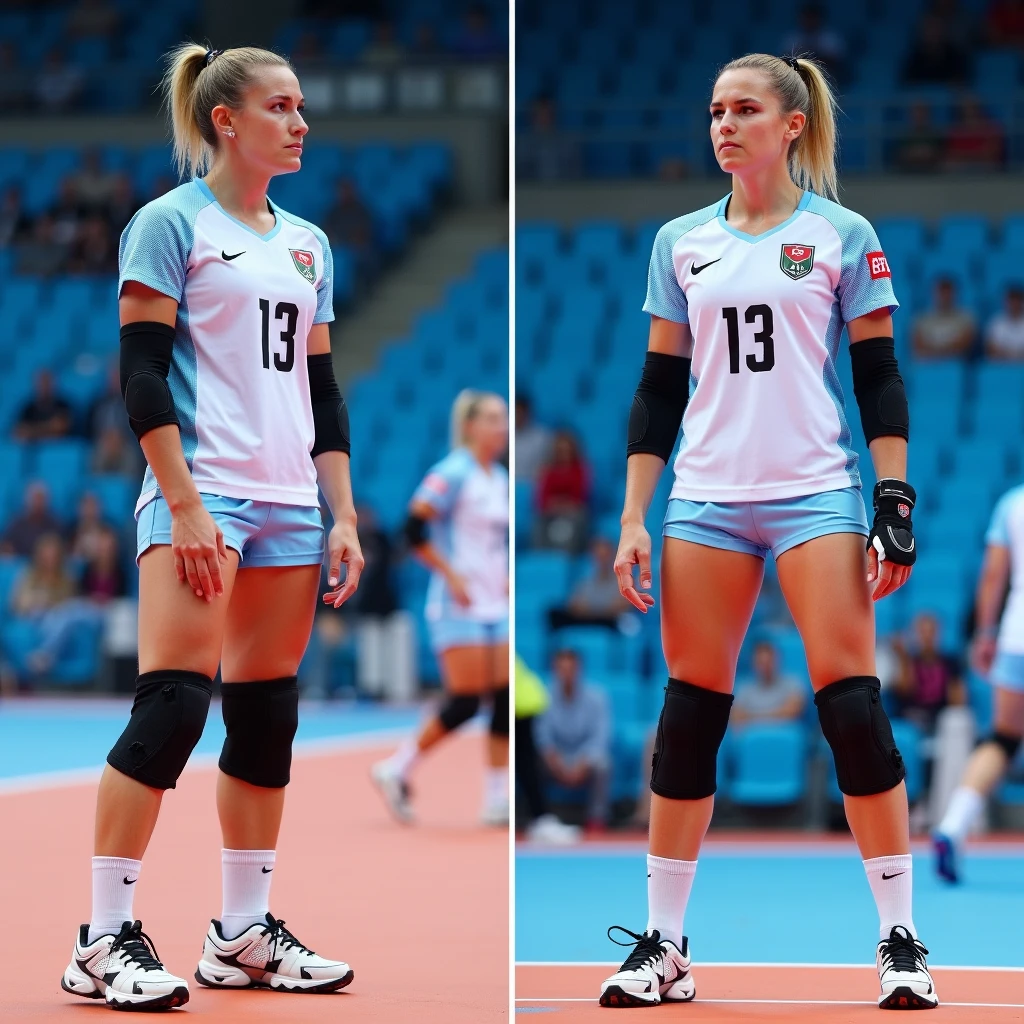 A collage showcasing a female handball player in various dynamic ...