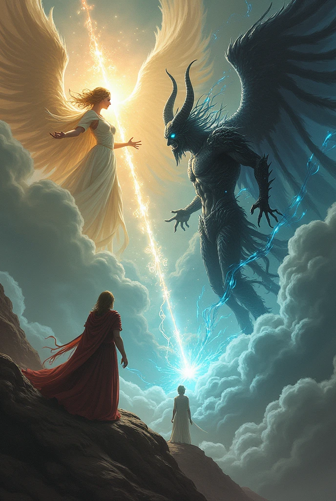 Create an image where an angel fights, a demon and a neutral being - SeaArt AI