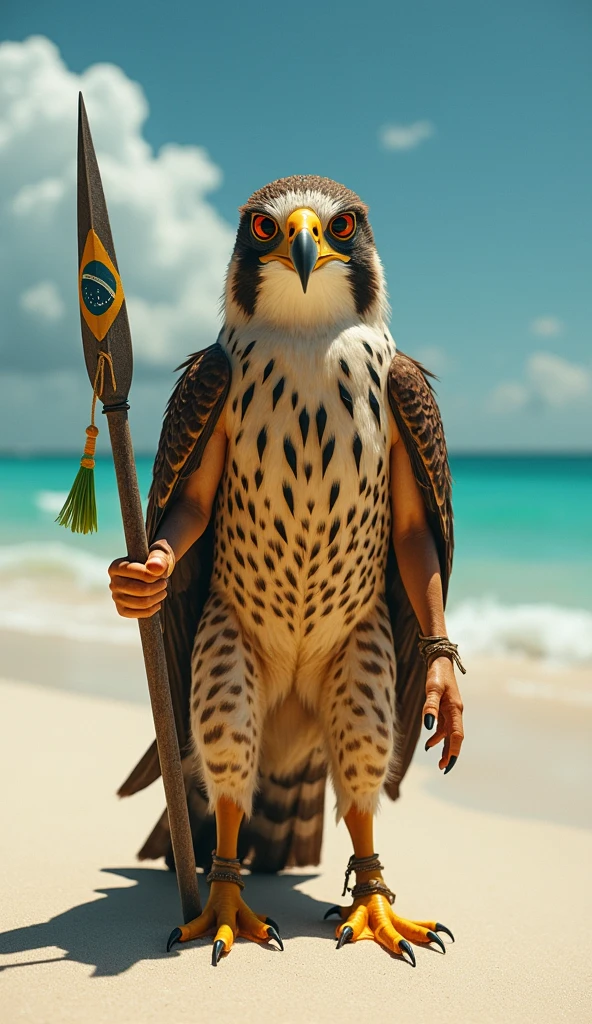 Ultra-realistic image of a humanoid falcon standing on a sunny beach in ...