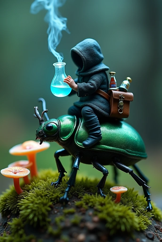 Macro photograph of a tiny alchemist in a hooded cloak riding a ...