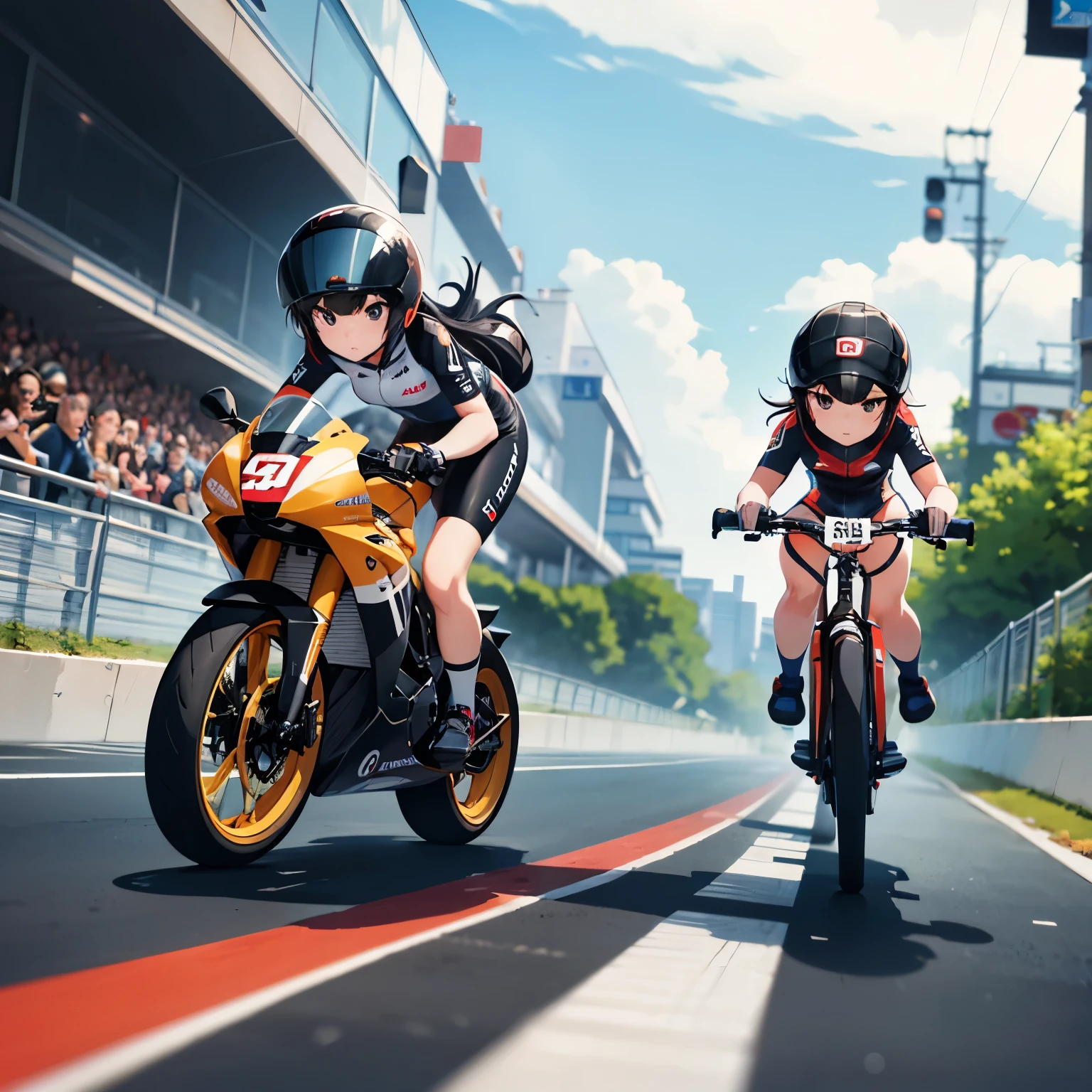 Anime characters riding motorcycles on a race track with spectators ...