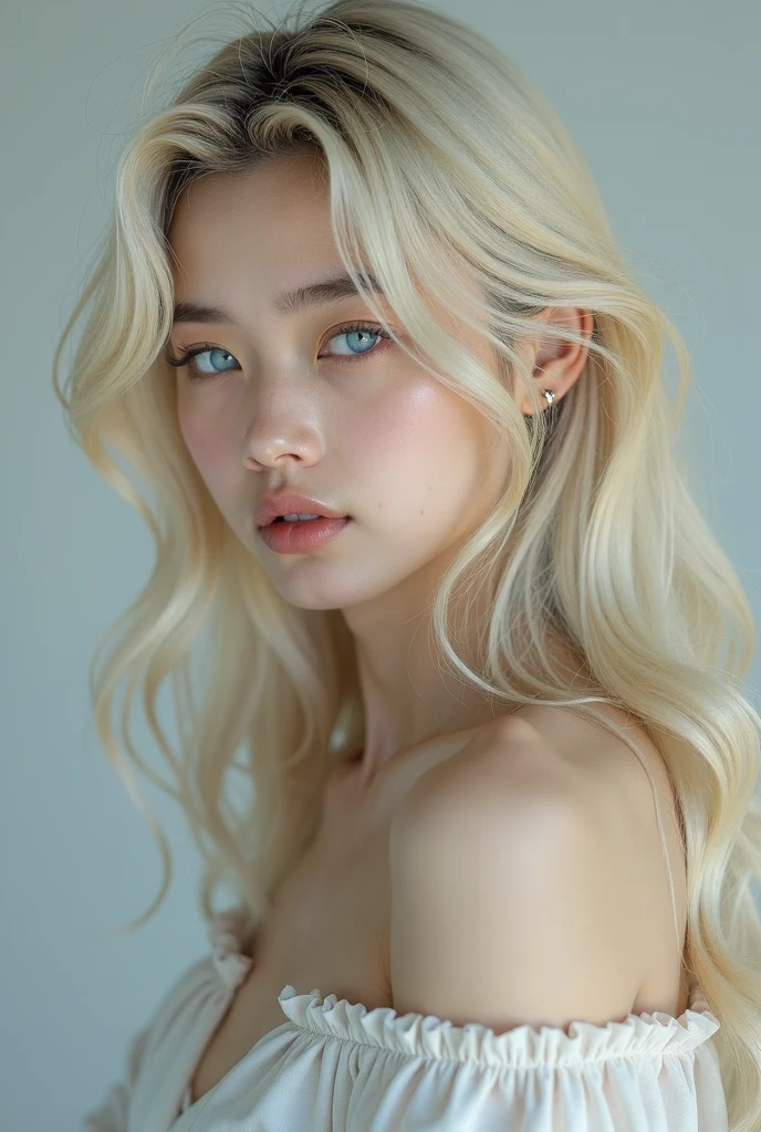 Korean boy, 20 year old, extra long blonde hair, bright blue eyes ...