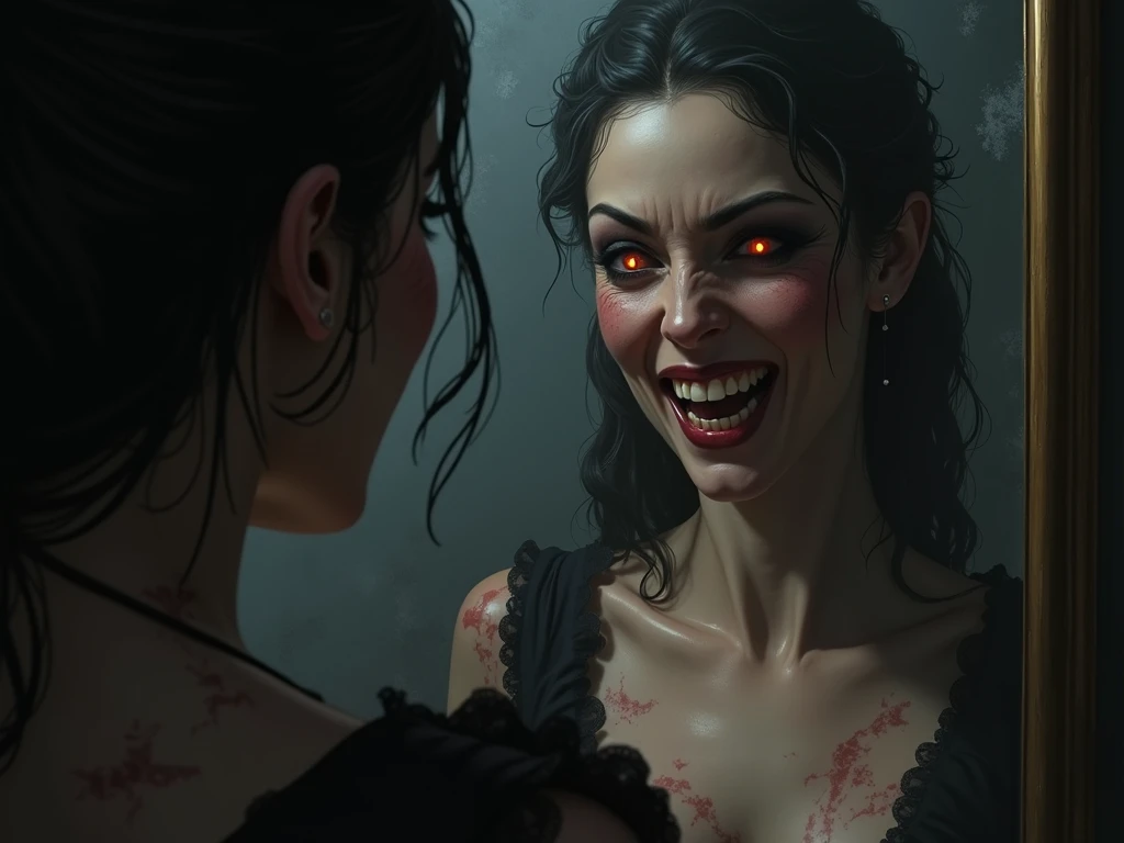 Woman laughing maliciously when she sees herself in a mirror and sees ...