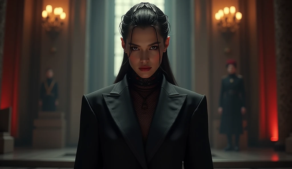 "A commanding figure exuding both power and charm, dressed in an ...