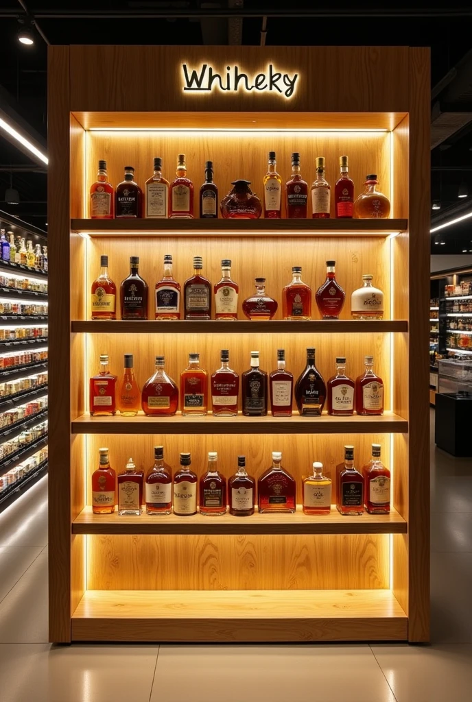 Whisky many design bottom display luxury design in supermarket - SeaArt AI
