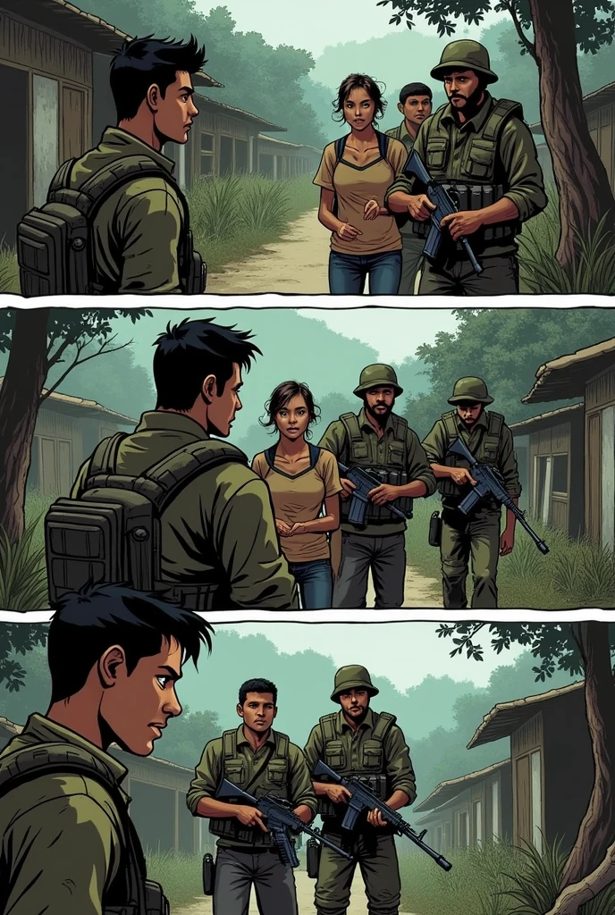 Create me a comic with three images showing the forced recruitment of ...