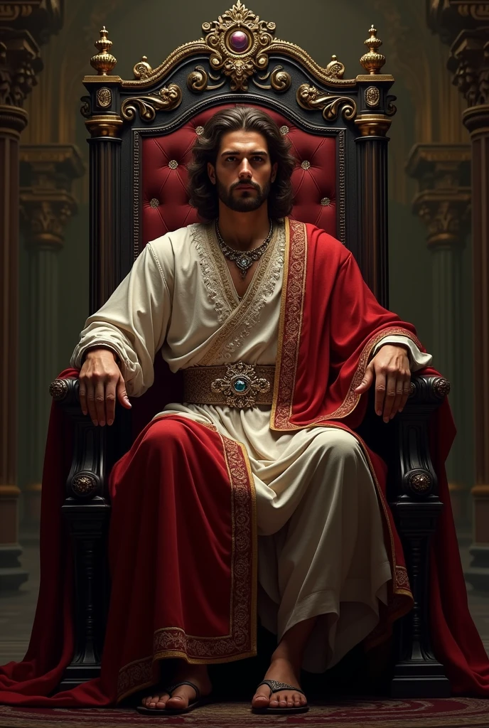 Realistic image Handsome young King Solomon seated on his dark throne ...