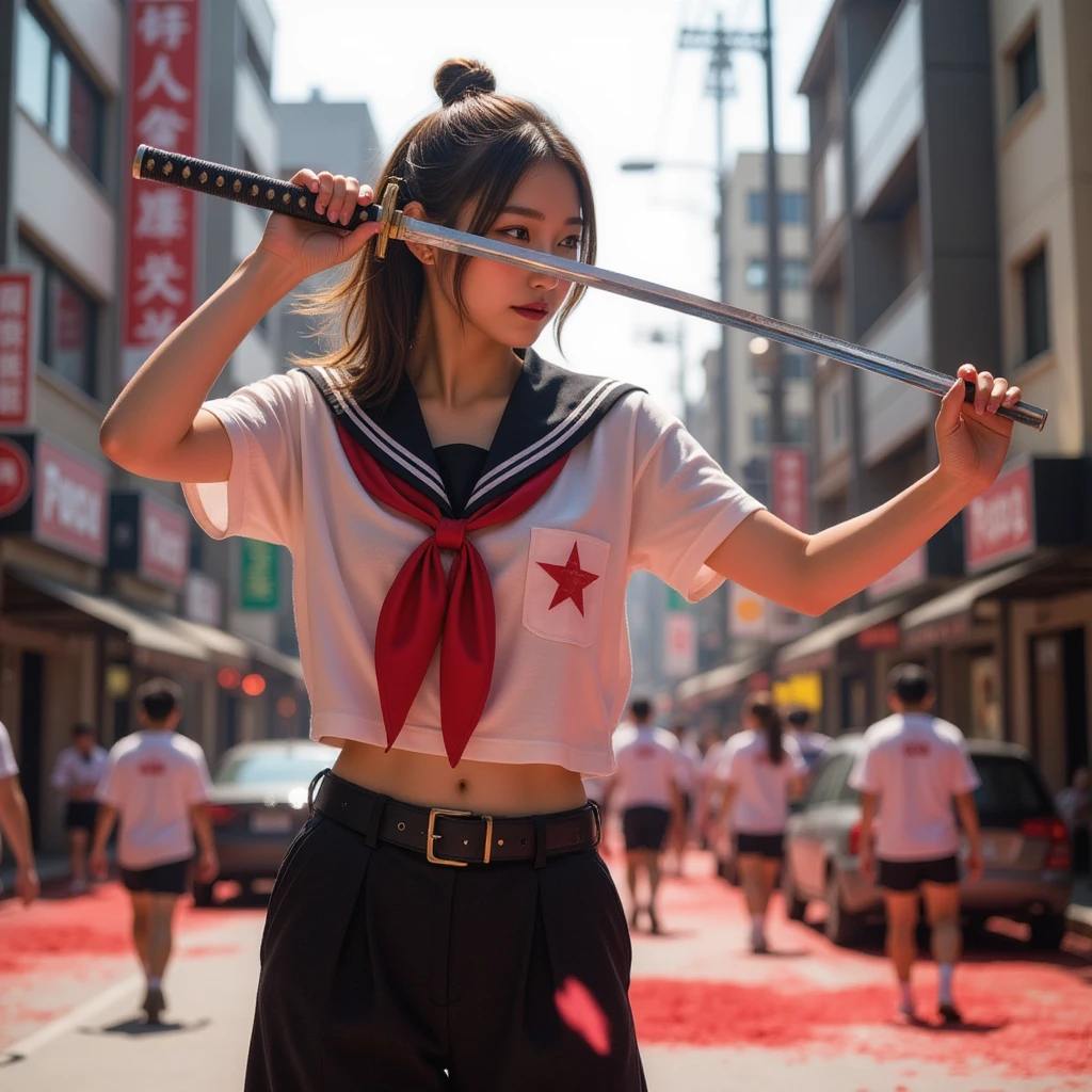 A beautiful Japanese woman waves a Japanese sword, dynamic pose - SeaArt AI