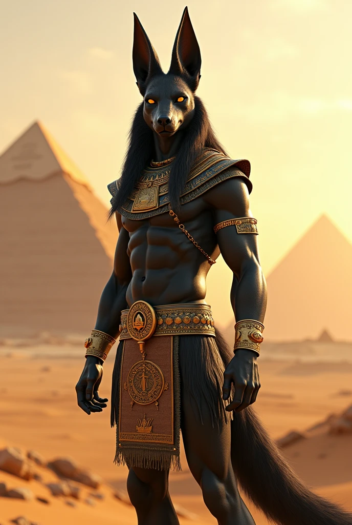Make an ultra realistic image of Anubis, the God of Egypt, the setting ...