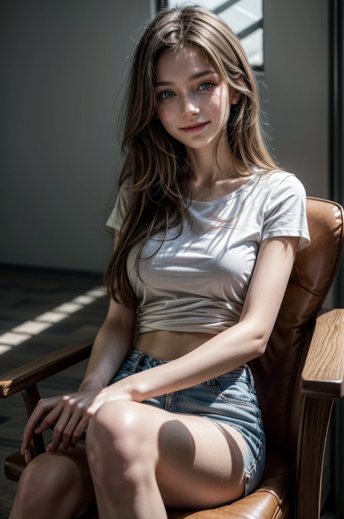 Sitting cross-legged on a chair, long slim legs, white shirt - SeaArt AI
