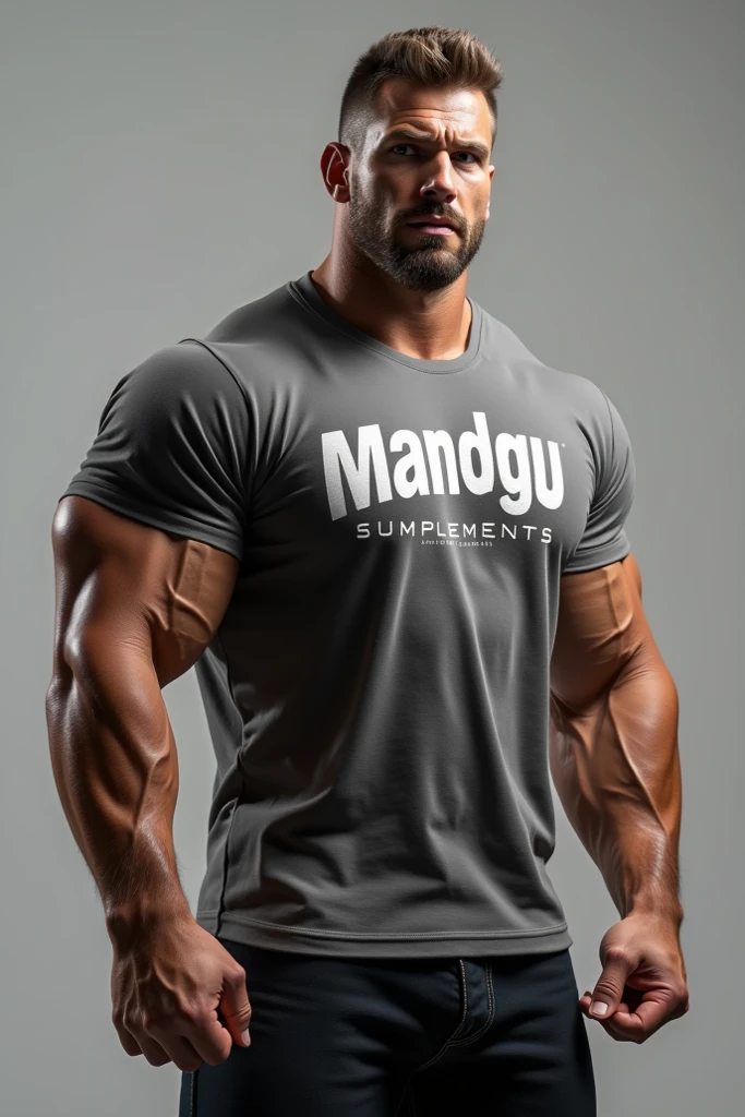 Create an image of Cbum with a t-shirt that says Mandgu supplements ...