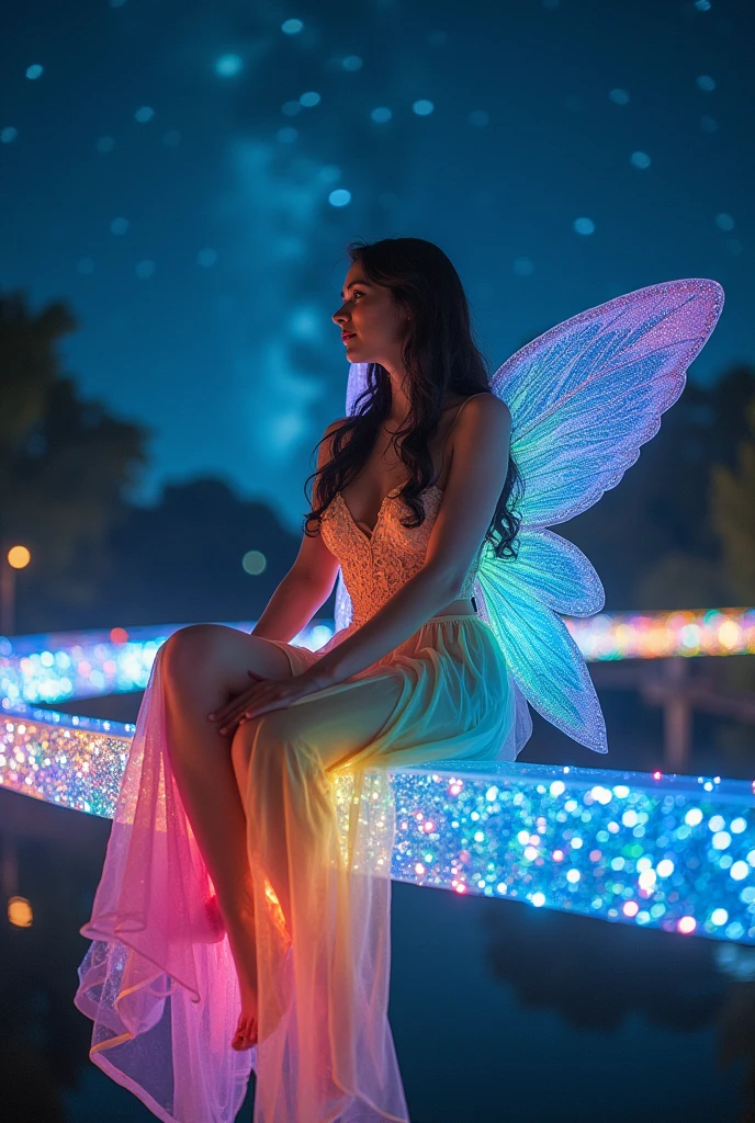 Elf woman,shining rainbow dress,rainbow bridge,transparent bridge ...