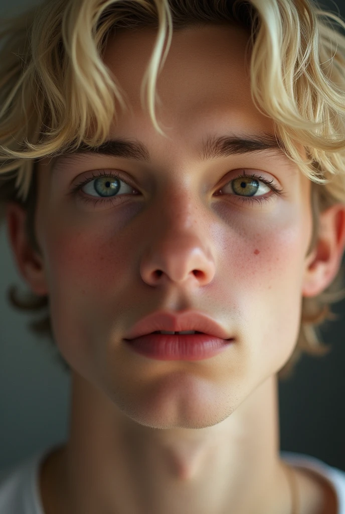 Pretty young man with blond hair, bicolor eyes with one light gray eyes ...