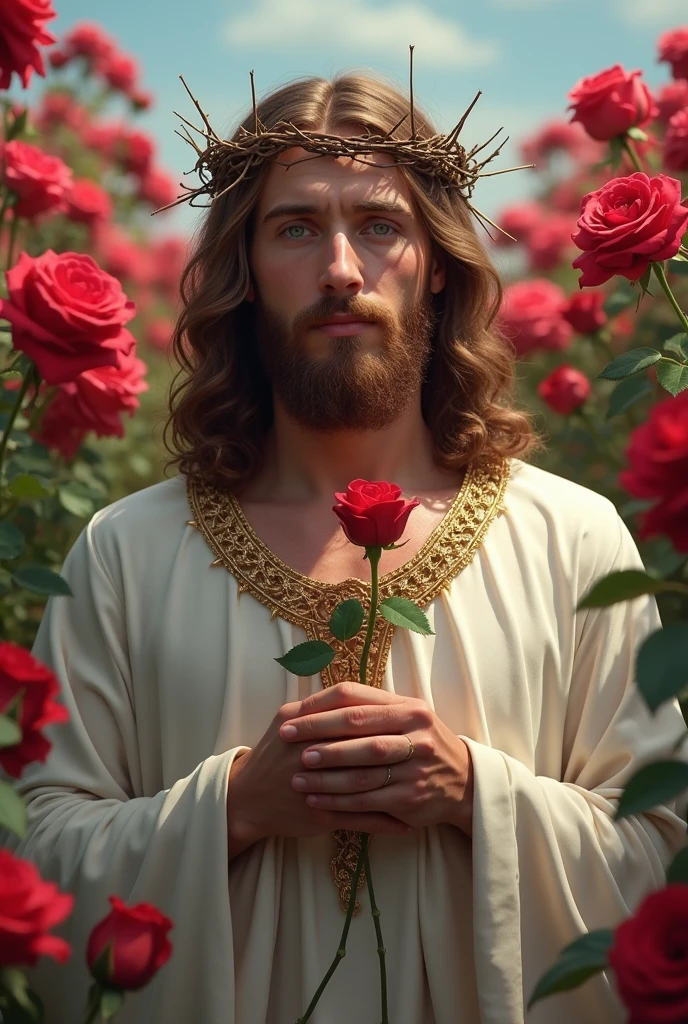 I can already imagine Jesus Christ in a very lucky place: roses - SeaArt AI