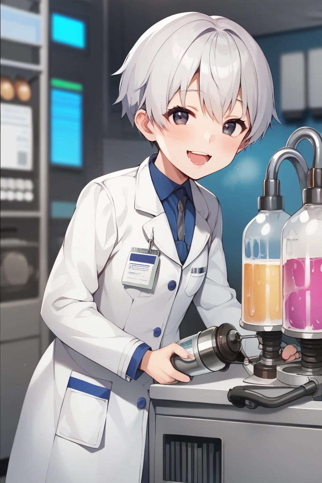 Anime character in lab coat holding a bottle of liquid - SeaArt AI