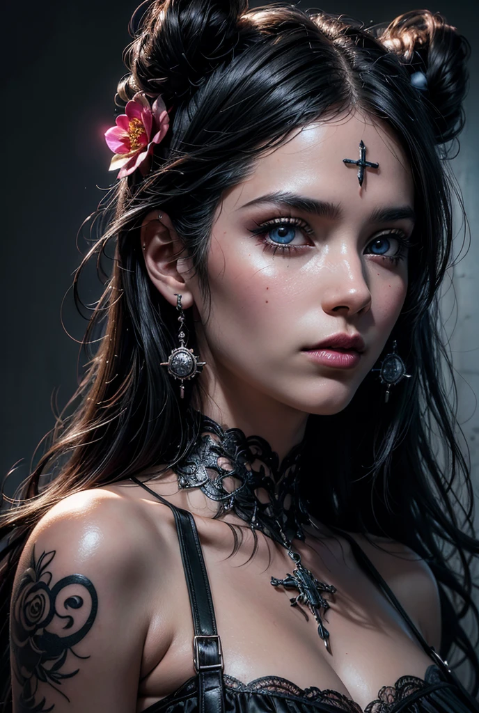 Close-up portrait of a whimsical Gothic 80's grunge punk rocker girl ...