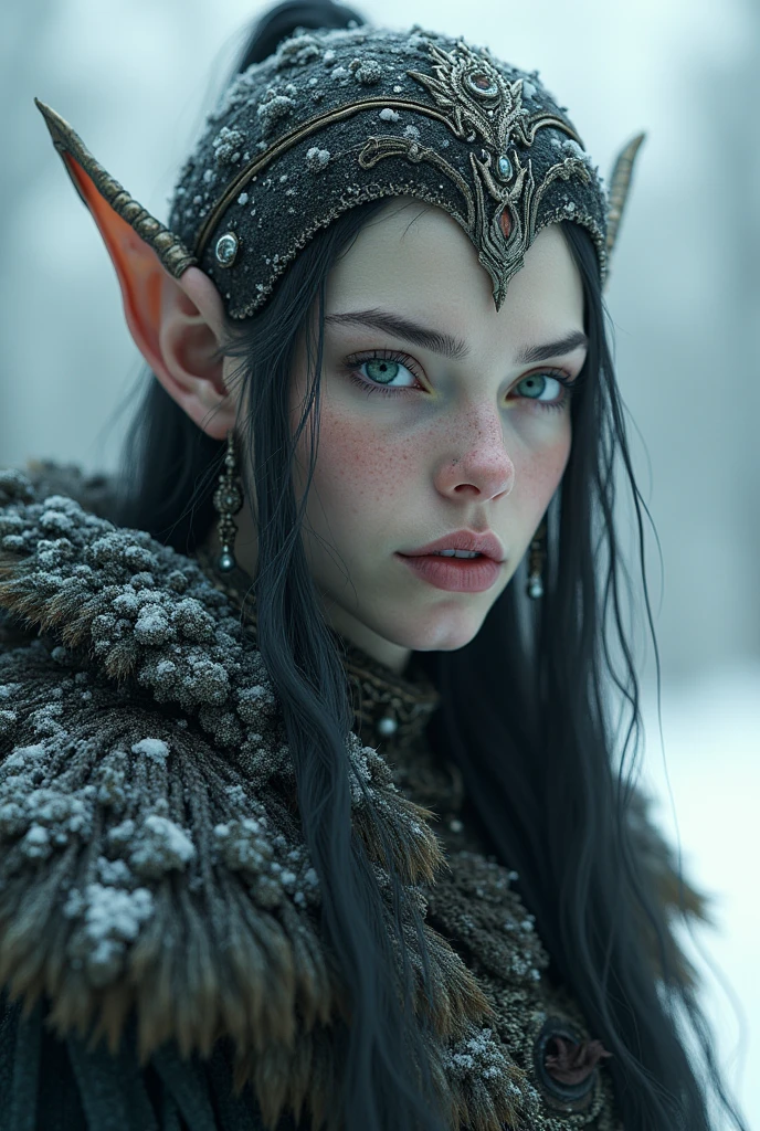 A grey skinned, tall woman with dark greem eyes, very small pointy ears ...