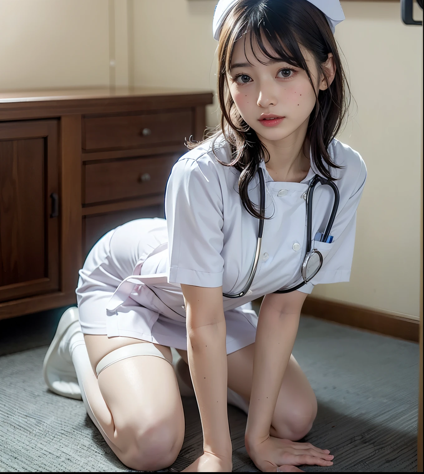 Arafed asian nurse kneeling on the floor in a room - SeaArt AI