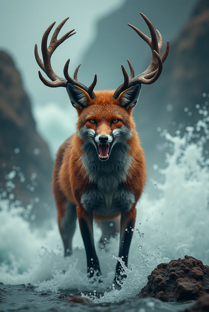 Create an image of a hybrid creature formed from a fox and a deer ...