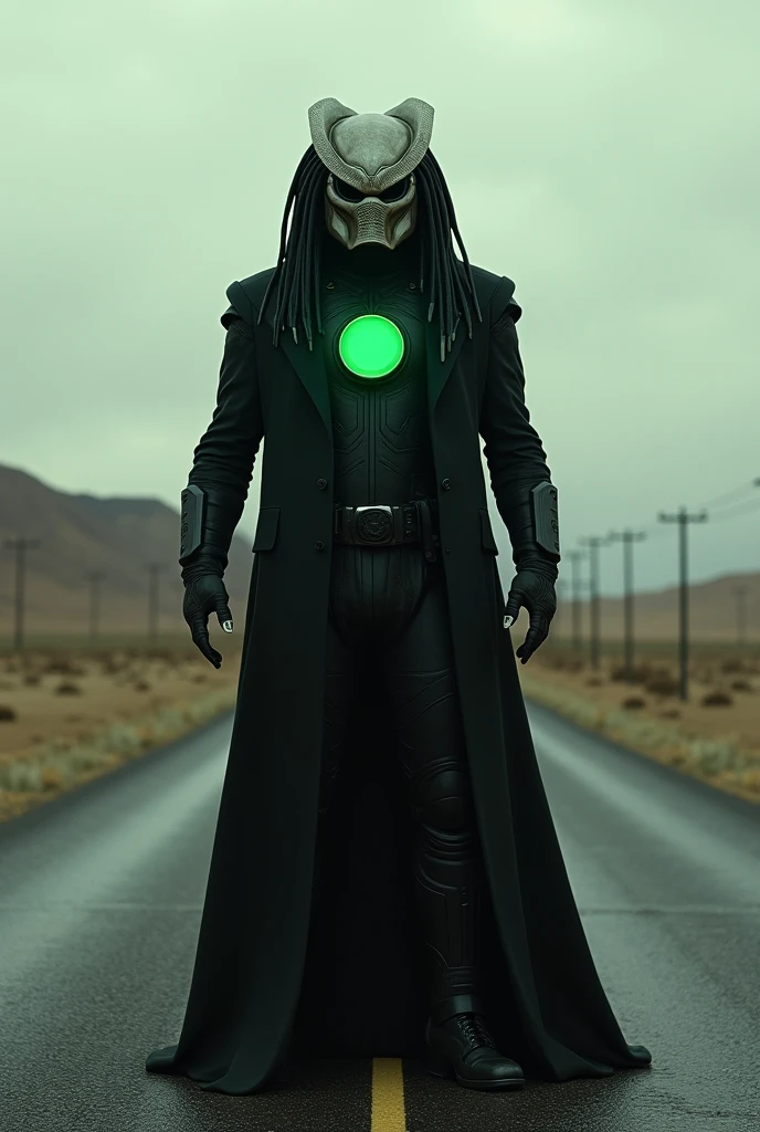 The predator standing on middle of a road ...in black suit .side view ...