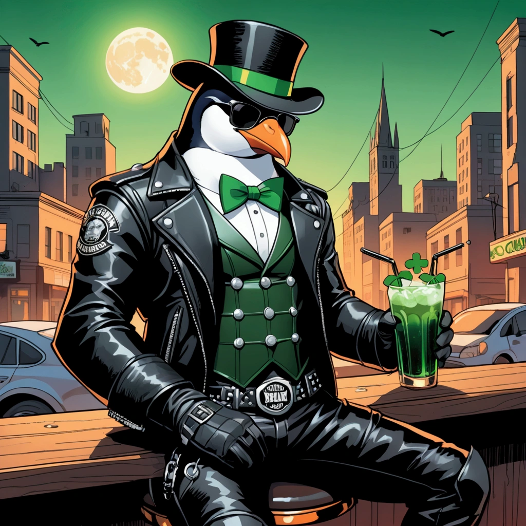 Closeup, Cartoon of an extremely badass anthropomorphic penguin wearing ...