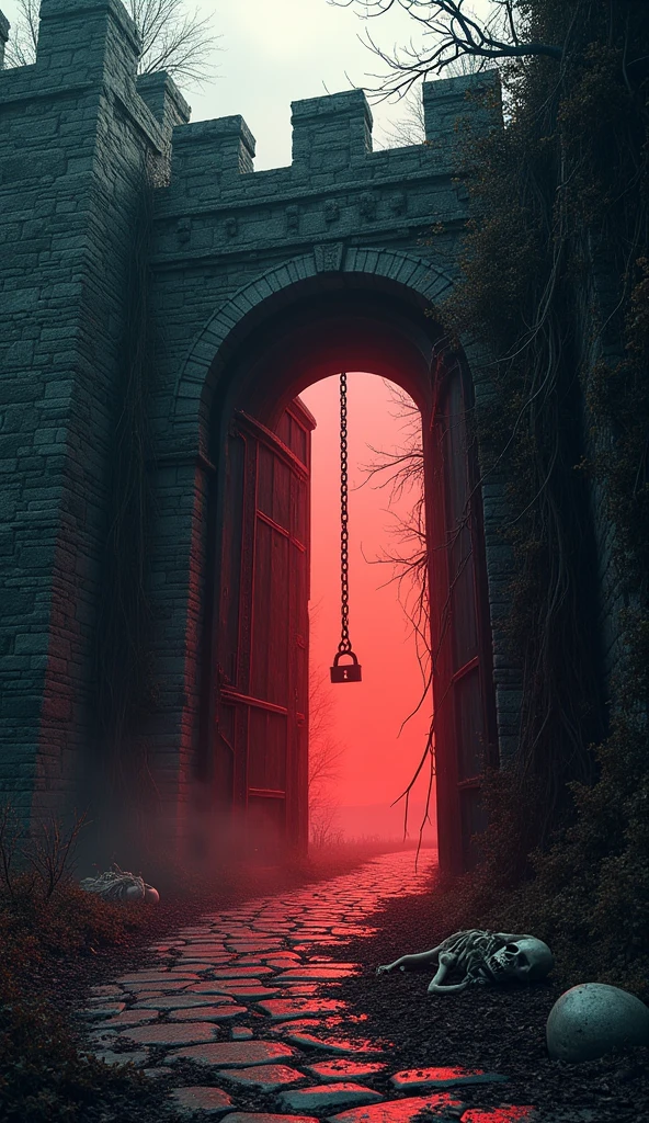 "The haunted castle gate, slightly ajar, with rusty chains hanging and ...