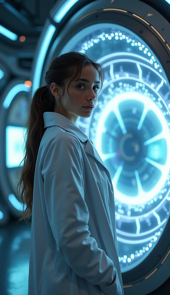 A sleek, futuristic lab filled with glowing, holographic screens - SeaArt AI