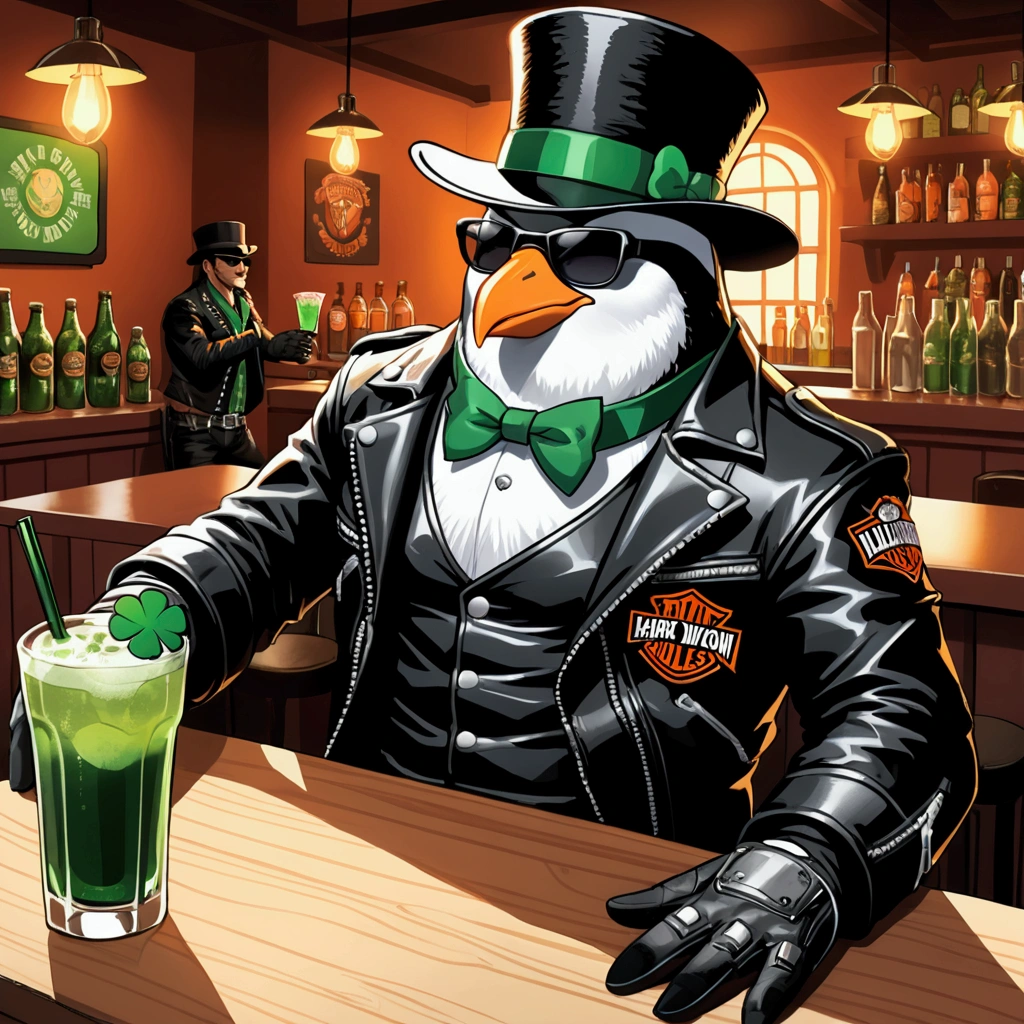 Closeup, Cartoon of an extremely badass anthropomorphic penguin wearing ...