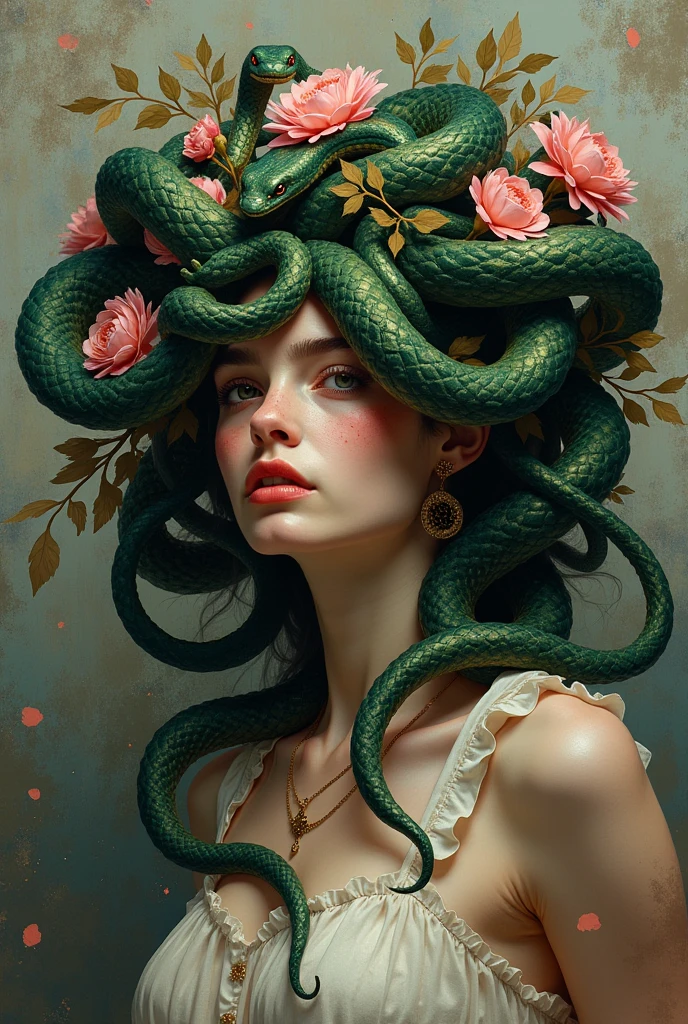 A painting of a woman with a snake head and flowers, very sad medusa ...
