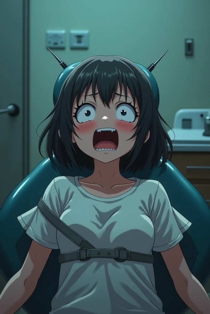 Cute anime girl sitting up in a reclining dental chair screaming in ...