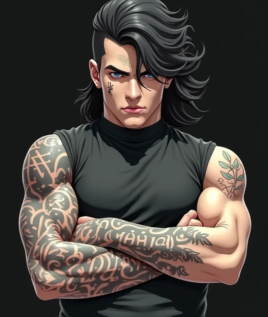 Arafed teenage man with long hair and tattoos on his arms, inspired by ...