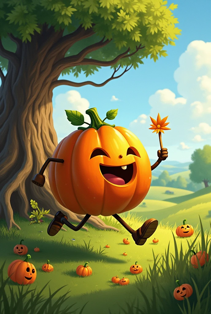 Pumpkin running on grass left side and jump and picking the tree root ...