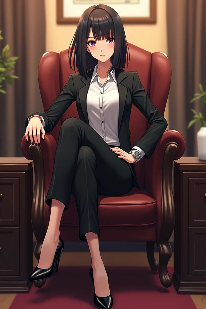 Genarte a bossy woman anime character with white shirt ,black suit ...